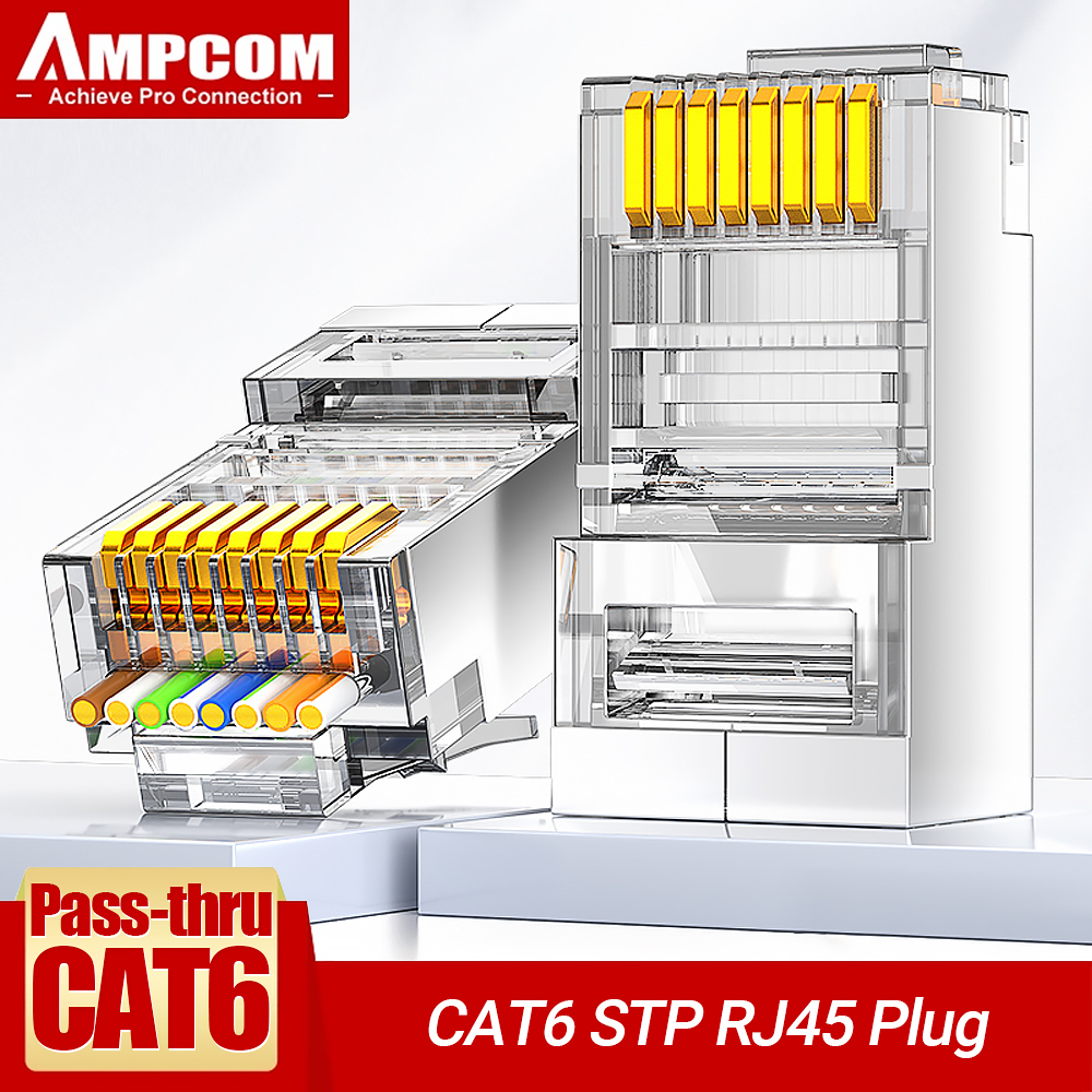 AMPCOM CAT6 Pass Through 8P8C STP RJ45 Connectors, Shielded 3/50μ Gold-Plated 8P8C Modular Plugs ...