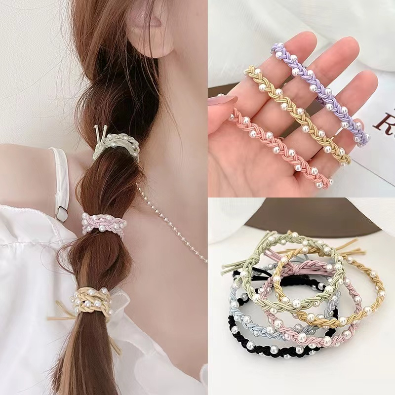Japanese Korean Twist Braided Pearl Headband High Elastic Hair Rope ...