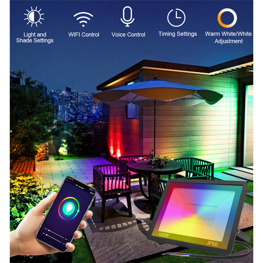 100W WiFi Outdoor Flood Light RGB+WW+CW Waterproof Bluetooth Wall Lamp ...