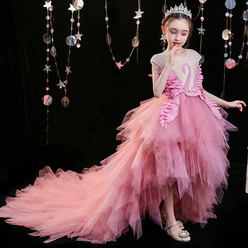 Elegant Swan Tulle Trailing Flower Girl Dress Evening Gown Kids Pageant ...