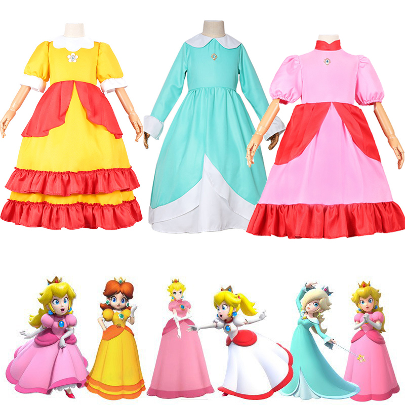 Girls Peacn Princess Dress Cosplay Cartoon Super Mario Bros CostumeKids ...