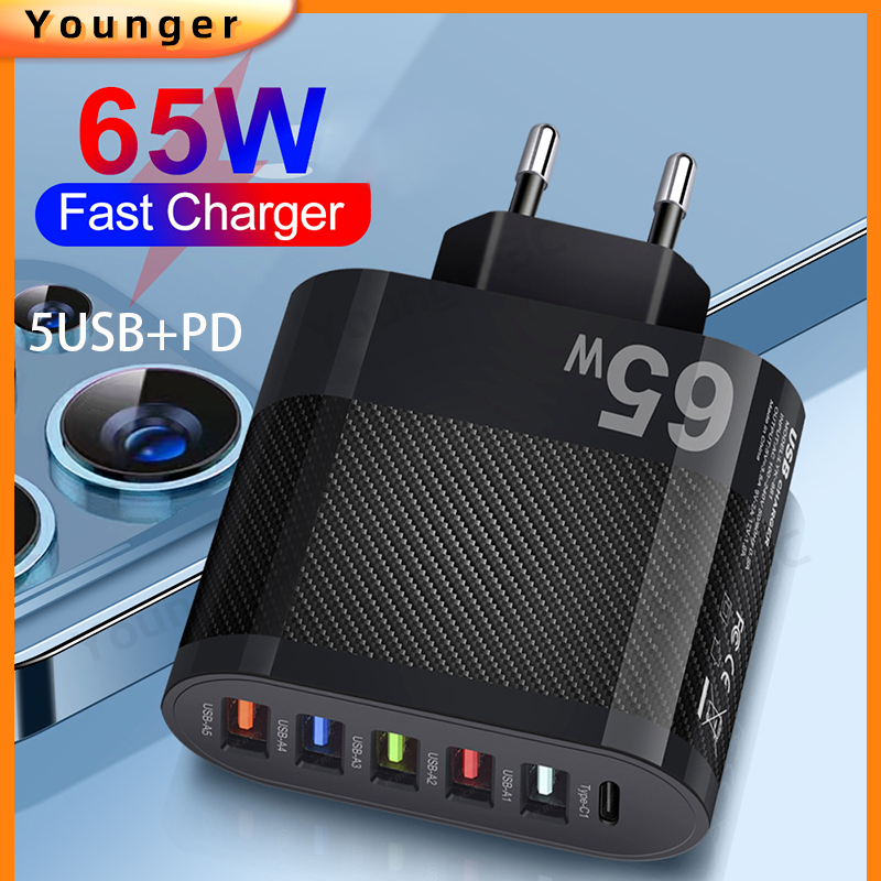 65W 5USB+Type C Fast Charging Charger 6 Ports USB Phone Charging ...