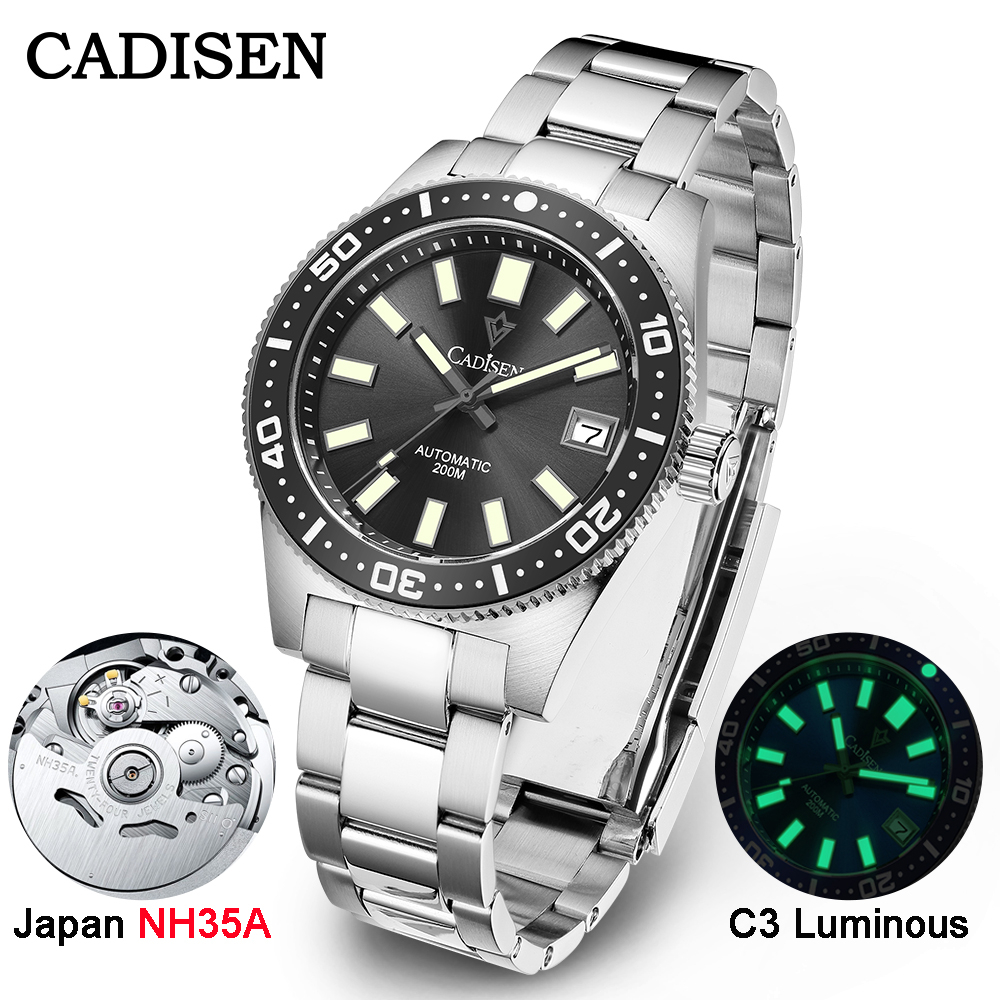 CADISEN Watch Men Japan NH35A Sapphire Glass Stainless Steel Calendar Luminous Automatic ...
