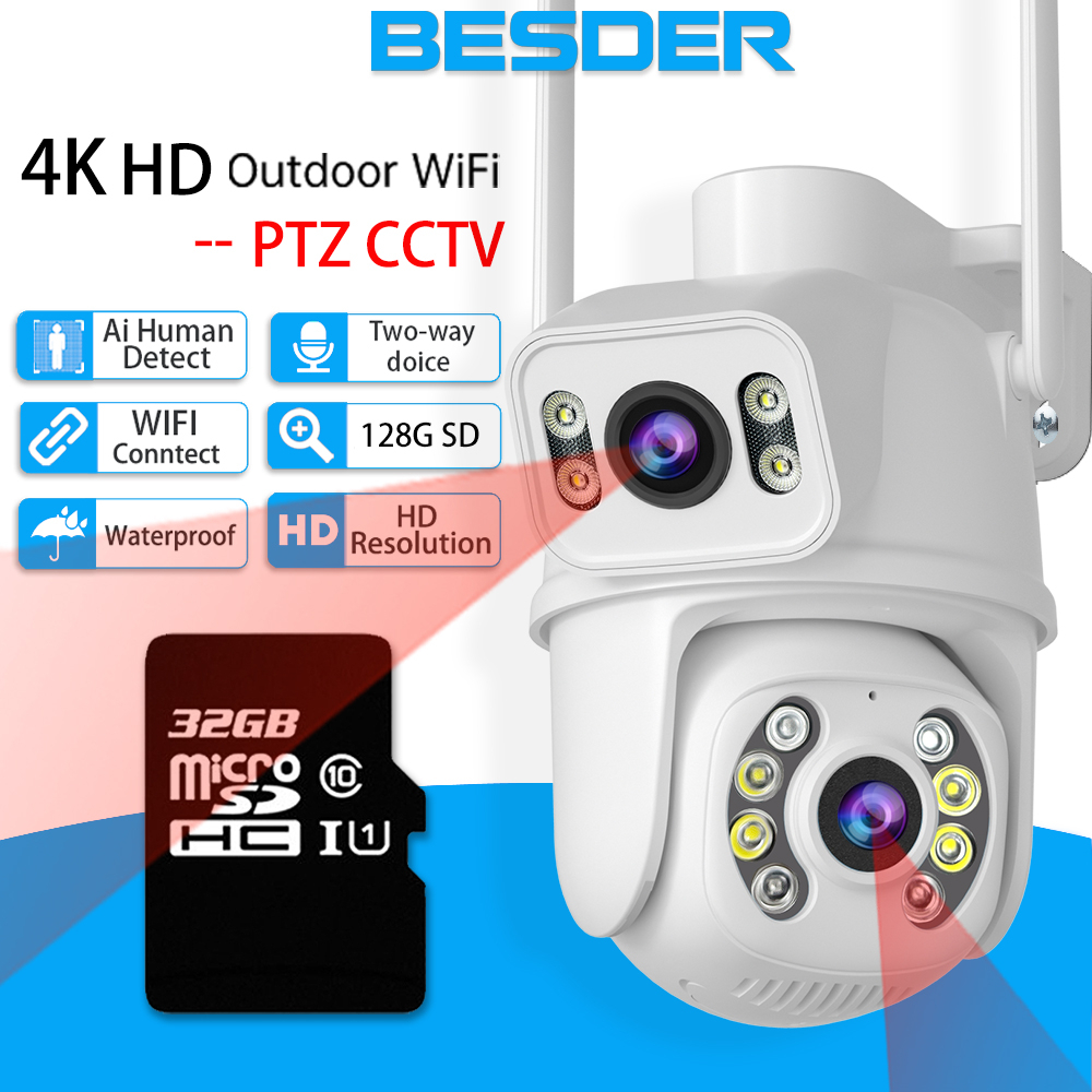BESDER Dual-Lens Human Detect CCTV Camera Wireless Outdoor 8MP 4K PTZ ...