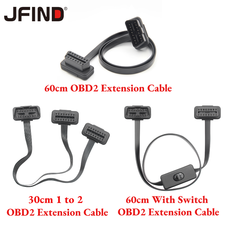 1 to 2 30/60cm 16Pin Male to Female ODB2 Car Converted Cable OBD2 16 Pin Flat Extension Cable ...