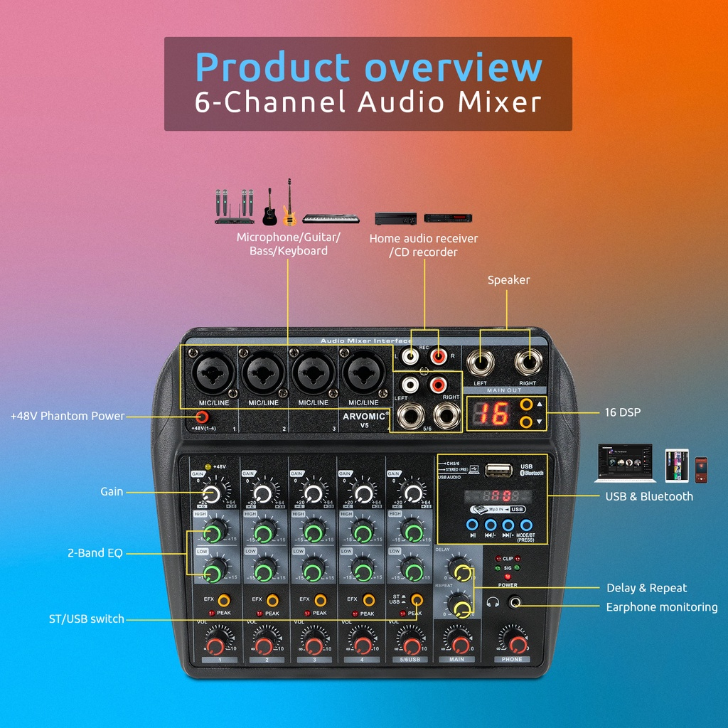 6-channel mixer (V5) USB and Bluetooth sound card interface Com16 DSP ...