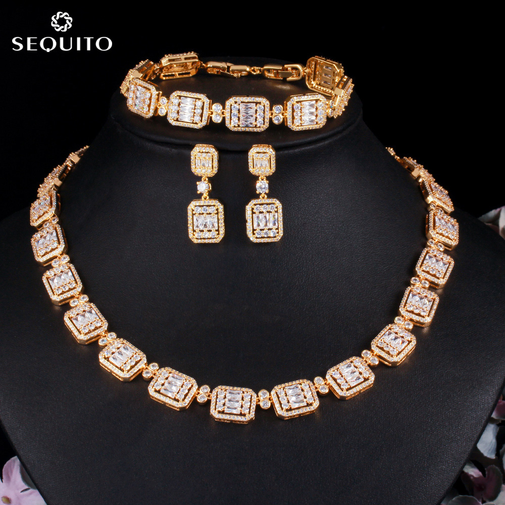 SEQUITO Luxurious Yellow Gold Plating Wedding Jewelry Set Paved Shiny ...