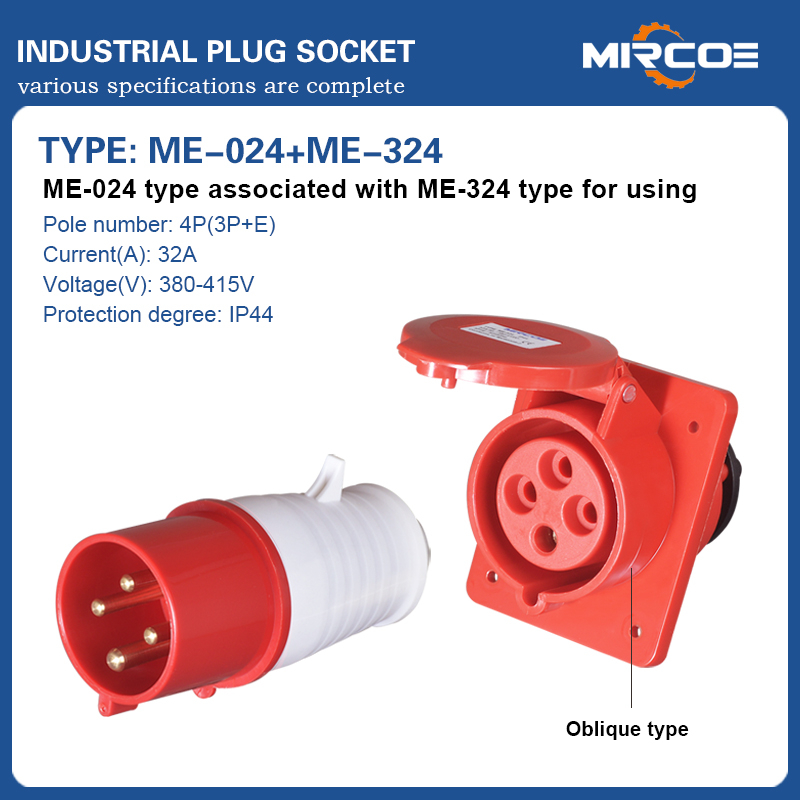 Mircoe 32A 4P IP44 380V-415V Industrial Plug Panel Socket Inclined ...