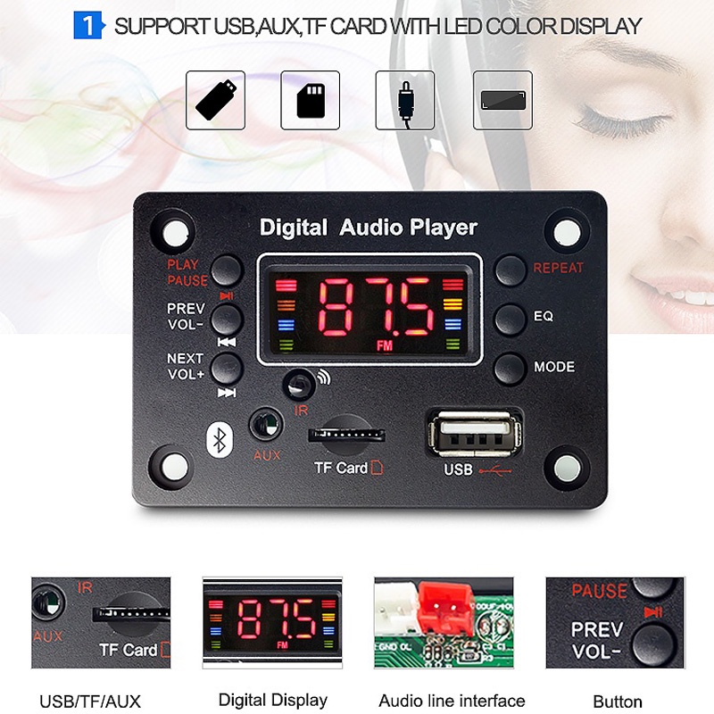 Bluetooth5.0 MP3 Decoder Board DC 5V 12V Lossless Car Audio Amplifier ...