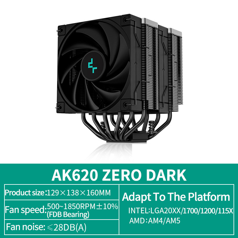 Deepcool AK620 Digital / AK620 ZERO DARK CPU Air Cooler Pure Black 6 Heat Pipes Dual Tower 120mm ...