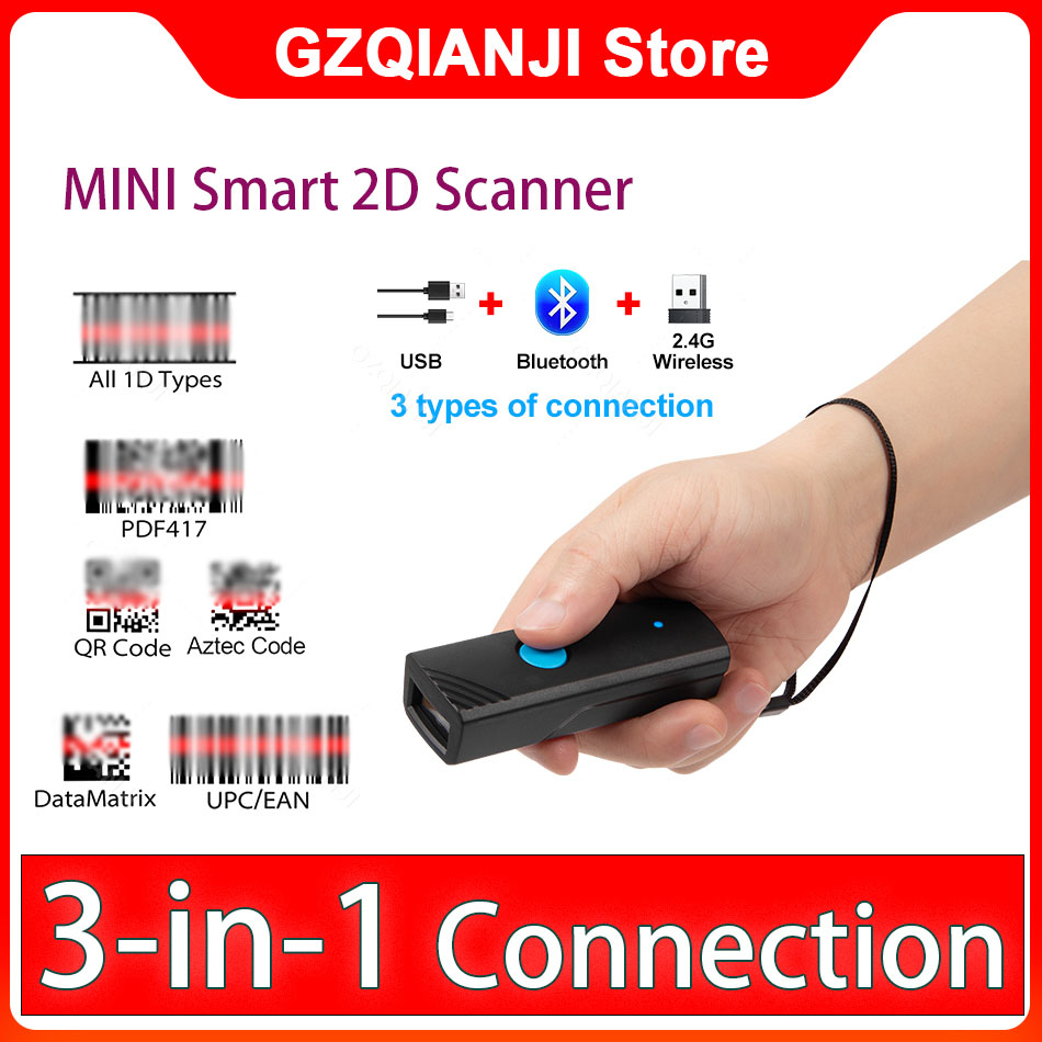 Mini Bluetooth Wireless 1D 2D Portable Barcode Scanner Handheld 3 in 1 QR Code 2.4G Connection ...