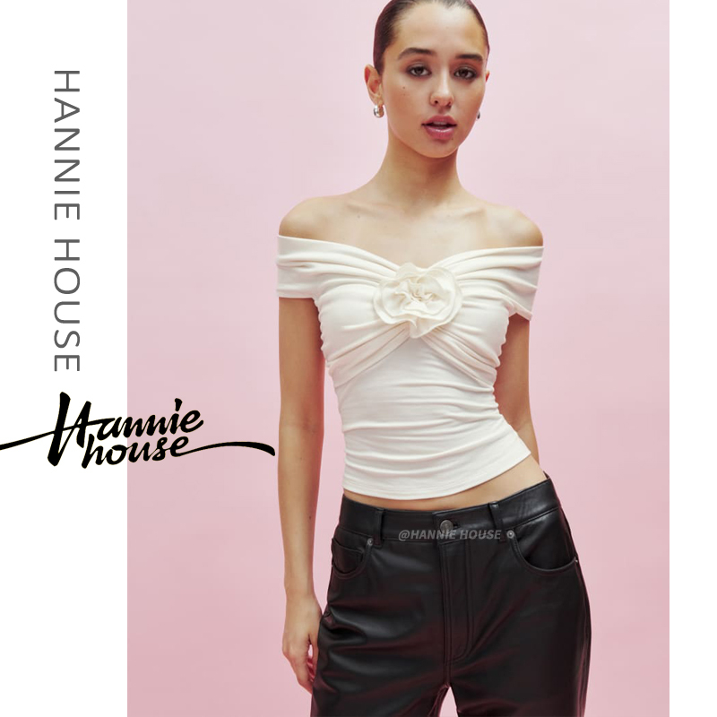 Hannie-Women´s Short Sleeve Contrast Color 3D Flower Front Slim Fit T ...