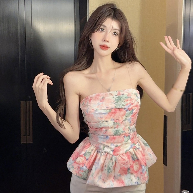 Women's Tube Top Wrinkled Fragmented Flowers Backless Chest Wrap ...