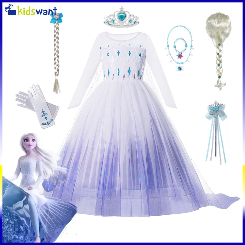 Frozen 2 Costume for Girls Princess Elsa Dress White Ball Gown Birthday ...