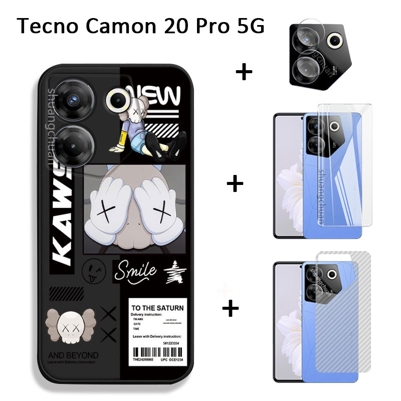 4in1 Tecno Camon 20 Pro 5G case clear tempered glass film +Camera lens ...