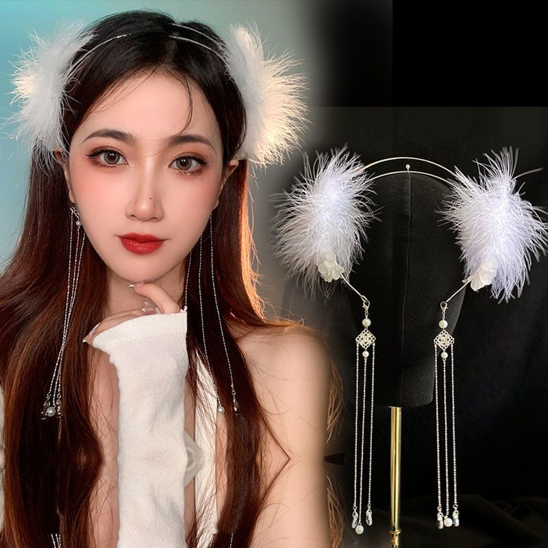 Hi-Kid Korean White Feather Tassel Headband Sweet Girl Metal Double ...