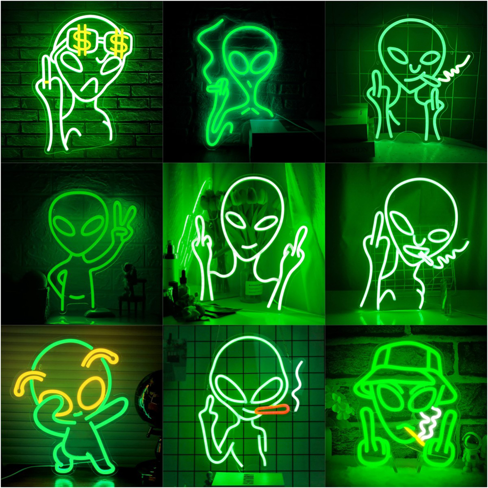 Green Smoking Alien Led Neon Sign Light Wall Decor USB Powered Neon ...