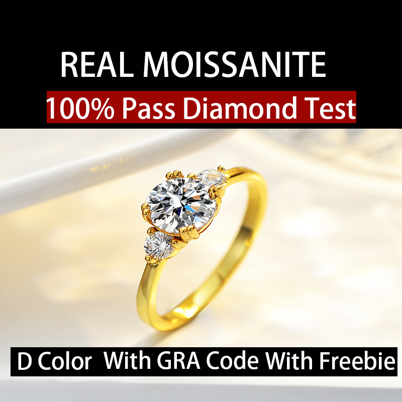Real Moissanite 1ct Three-Stone Round Cut Gold Ring Vintage And Elegant ...