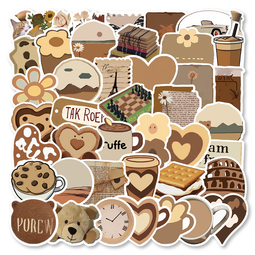 50pcs INS Brown Aesthetics sticker exquisitely decorated hand account ...