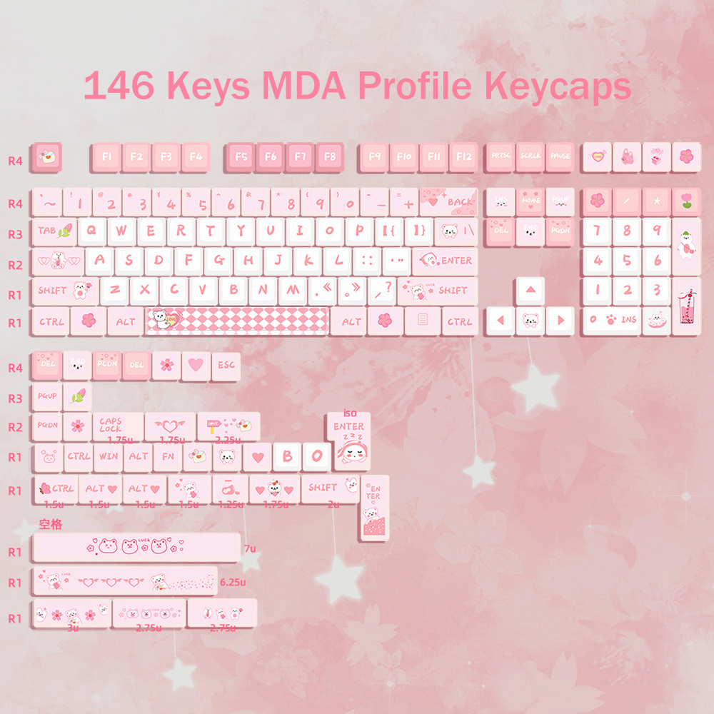 146 Keys Pink Sakura Bear Keycaps MDA Profile PBT Dye Sublimation ...