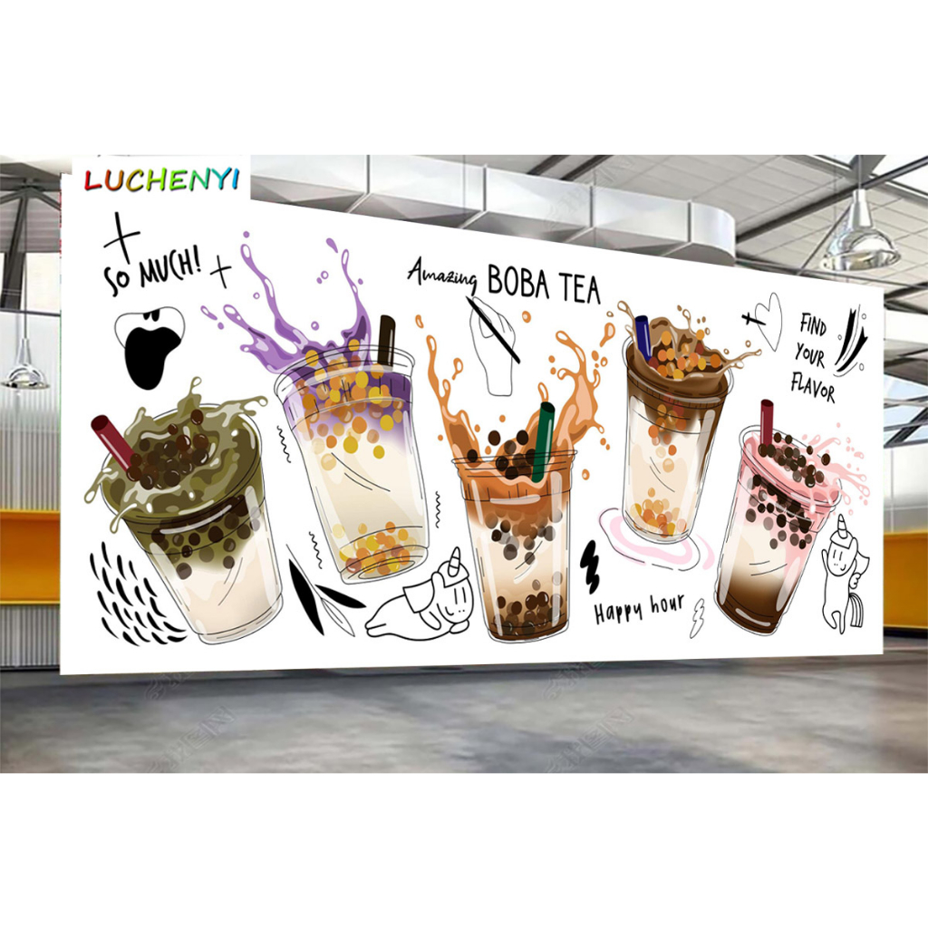Custom Milk Tea Modern Wallpaper Industrial Decor Bubble Tea Shop ...