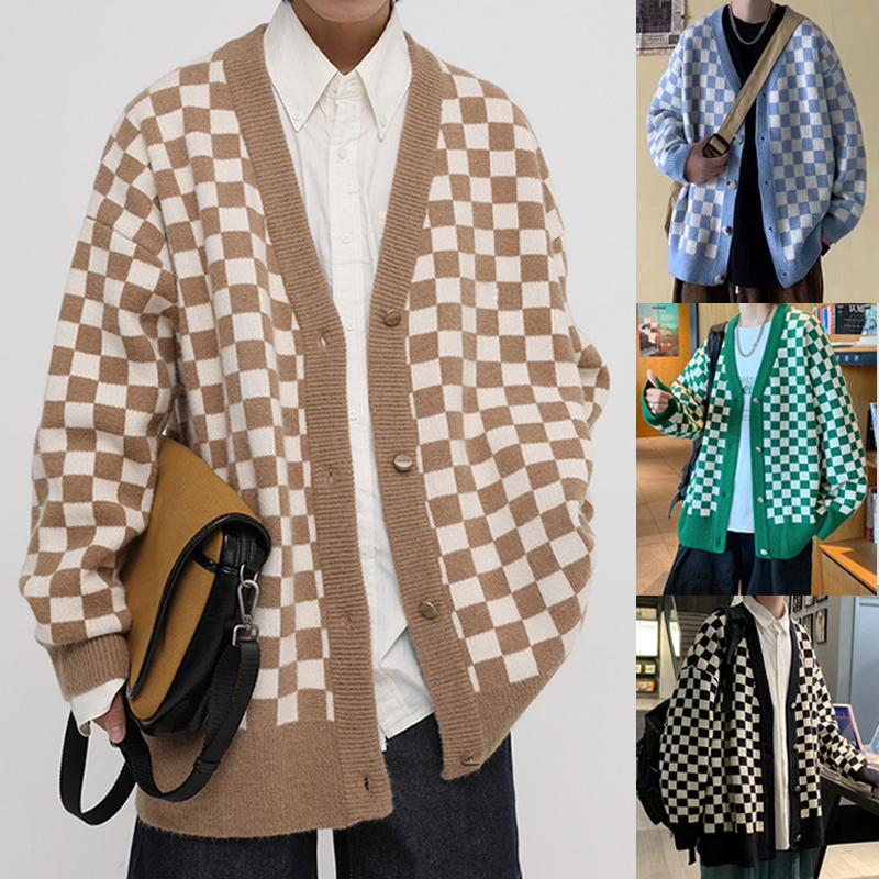 【Unisex】V Neck Plaid long sleeve knitted cardigan sweater for men women ...