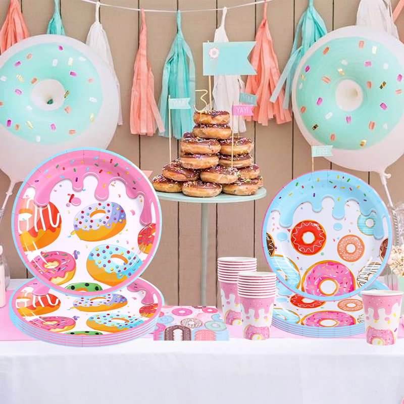 Donut Theme Tableware Set Paper Plate Disposable Cups Table Napkin ...