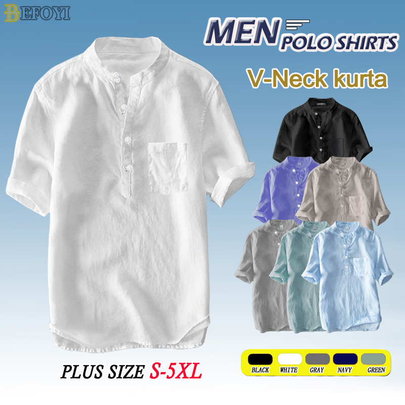 [Local Delivery] Men polo shirt White Beach Polo Linen Chinese Collar ...