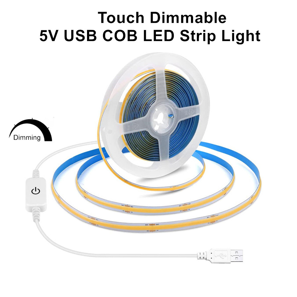 5V USB COB LED Strip Light with Switch High Density Dimmable Flexible COB Tape Ribbon Diode RA90 ...
