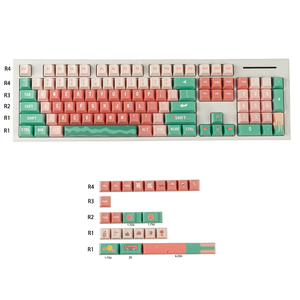127 Watermelon Dye Sub Keycaps 1.7mm Thick PBT Cherry Profile Keycaps For TKL 61 64 68 75 87 96 ...