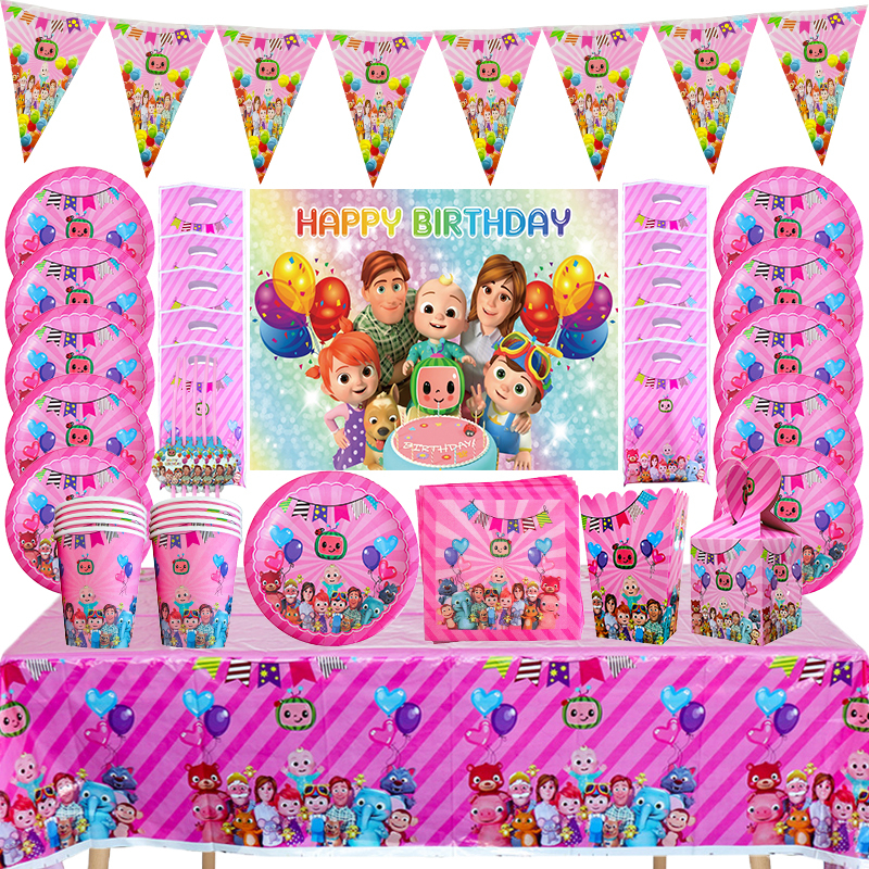 Cocomelon Pink Theme Party Disposable Tableware Paper Cups Tablecloth ...