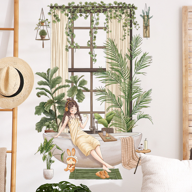Fresh Plant Leaf Stickers Window View Girl Vine Plant Background Wall ...