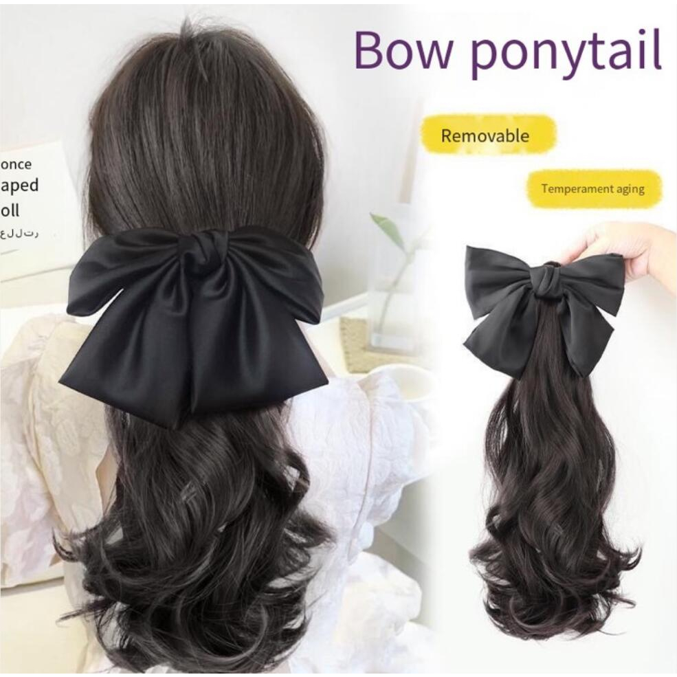 Ponytail wig female long hair vibrato with bow big wave clip low tie ...