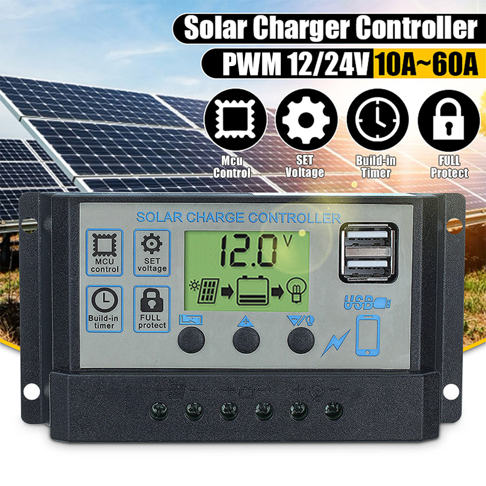10A/20A/30A/40A/50A/60A Auto Solar Charge Panel Controller 12V 24V PWM LCD Dual USB Controllers ...