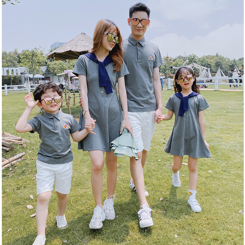 Gray Polo Family Matching Outfits Men shirt Women Girl Dress Couple Set ...