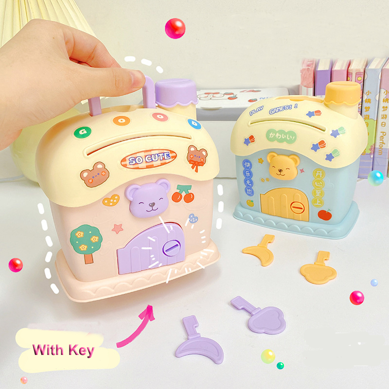 Coin Box for Kids DIY Cute Cartoon House With Lock Save Money Box Piggy ...