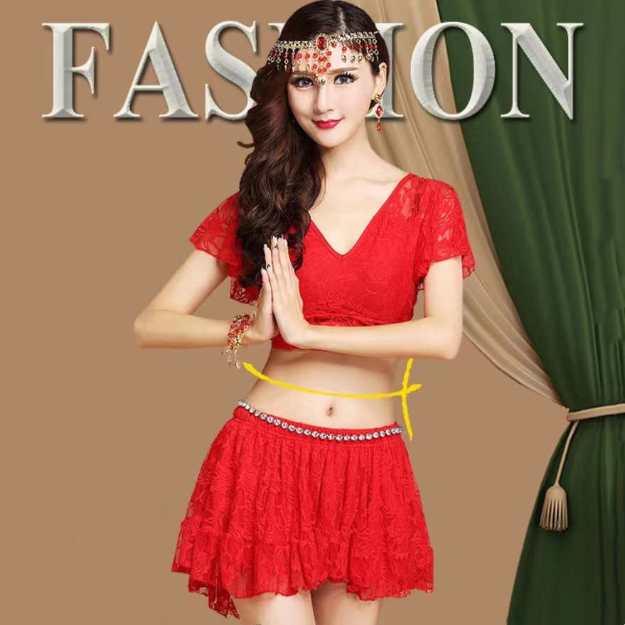 Lace Belly dance Suit With Diamond Chain Performance Suit(Top+Skirt ...