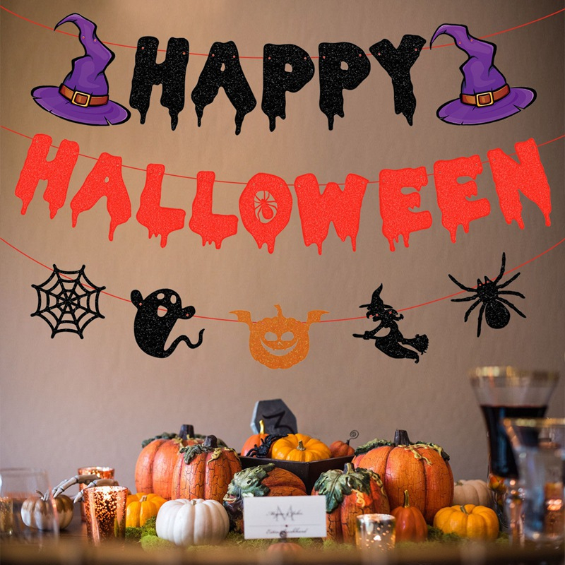 2023 Happy Halloween Banner Hanging Garlands Bat Pumpkin Skull Ghosts ...