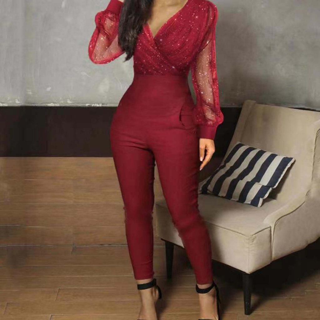 Women's V Neck Mesh Pleated Overalls High Waist Lace See Through Sleeve ...