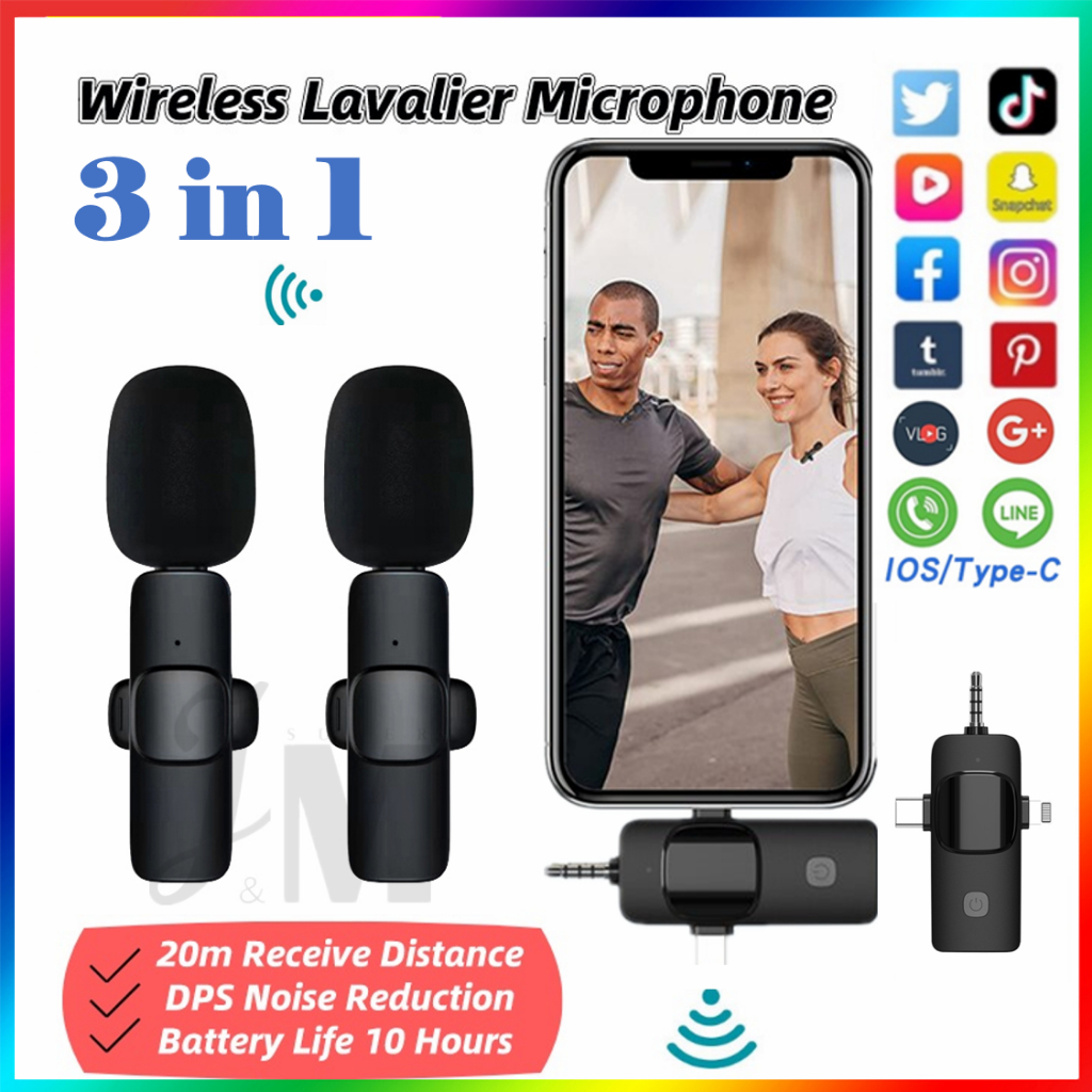 (Local seller) 3 In 1 Wireless Lavalier Microphone Portable Audio Video ...