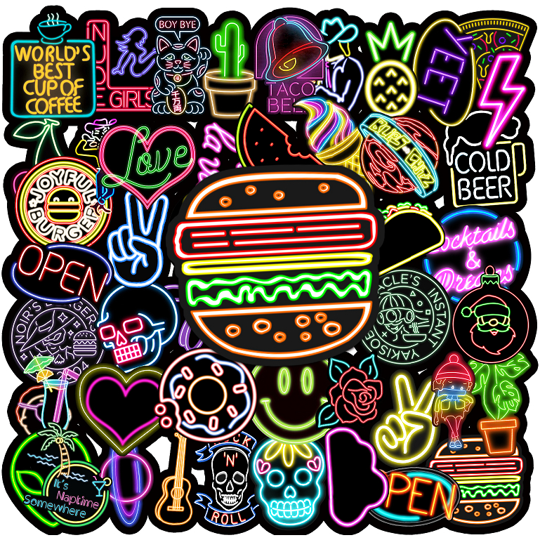 50 Piece Funny Neon Light Stickers Waterproof DIY For Phones Laptop Car ...