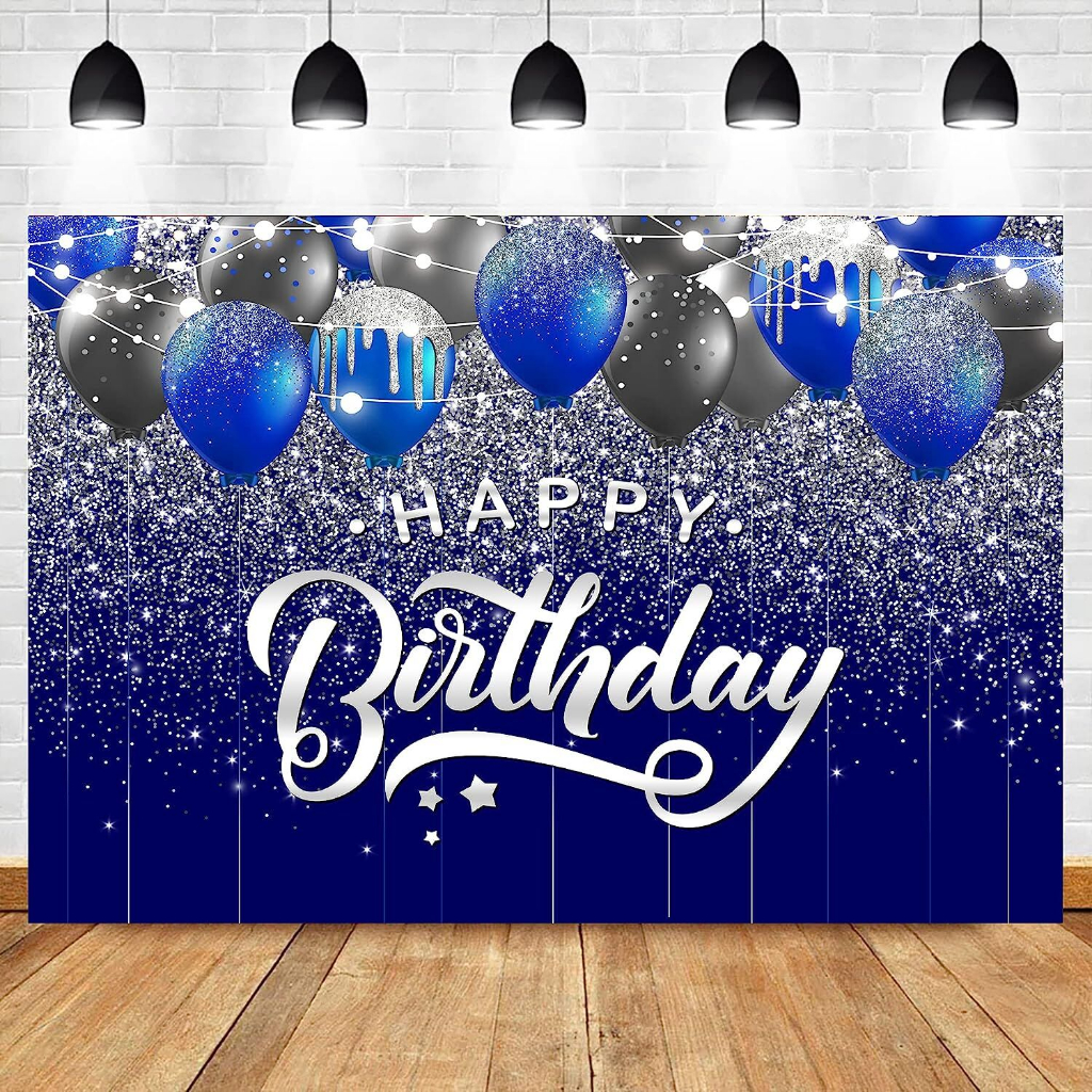 7x5ft Royal Navy Blue Happy Birthday Party Photography Backdrop for Balloons Silver Sparkle ...