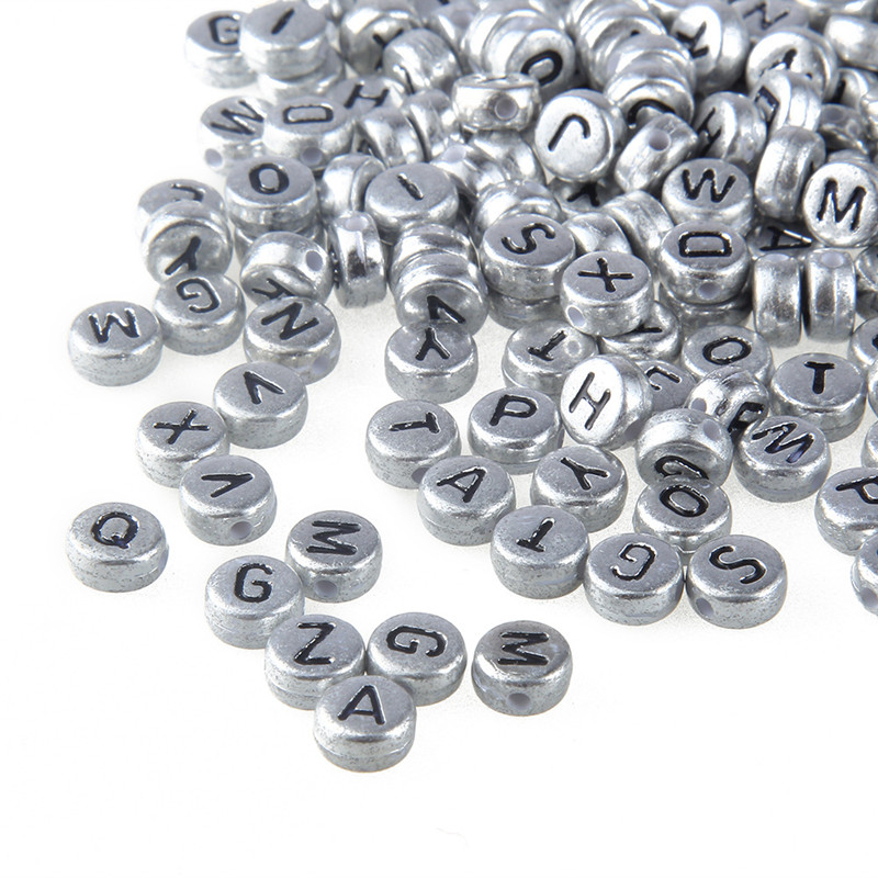 100Pcs/Pack 4mmx7mm Acrylic Flat Round Silver Alphabet Beads For DIY ...