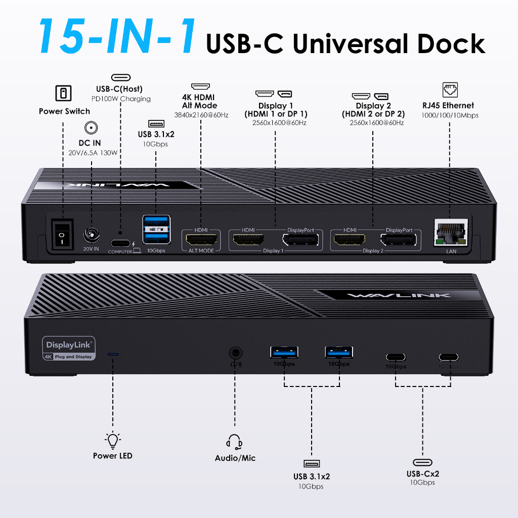 Wavlink Triple Display Universal Docking Station 15-in-1 USB-C Displaylink Dock with 100W Laptop ...