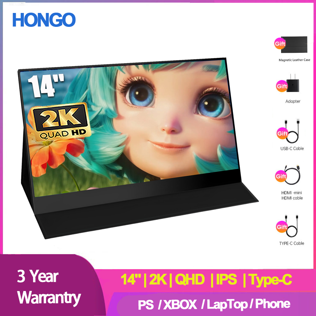HONGO 14inch 2K Resolution Portable Monitor IPS 100%sRGB UBS Type-c ...
