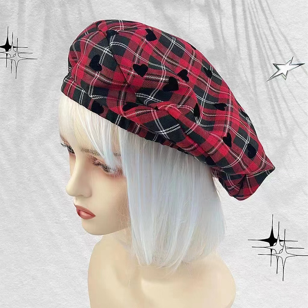 Jk Intern Series Red Plaid Love Heart Style Artist Beret Cloud Hat ...
