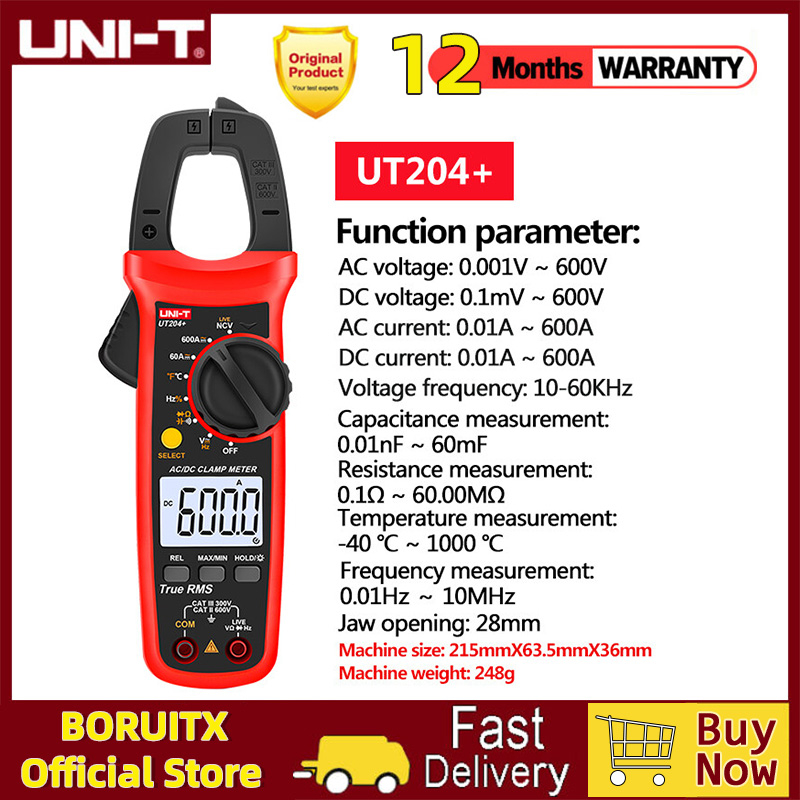 Ready Stock】UNI-T Original UT204+ Digital clamp meter auto range true RMS 6000counts 600A AC/DC ...