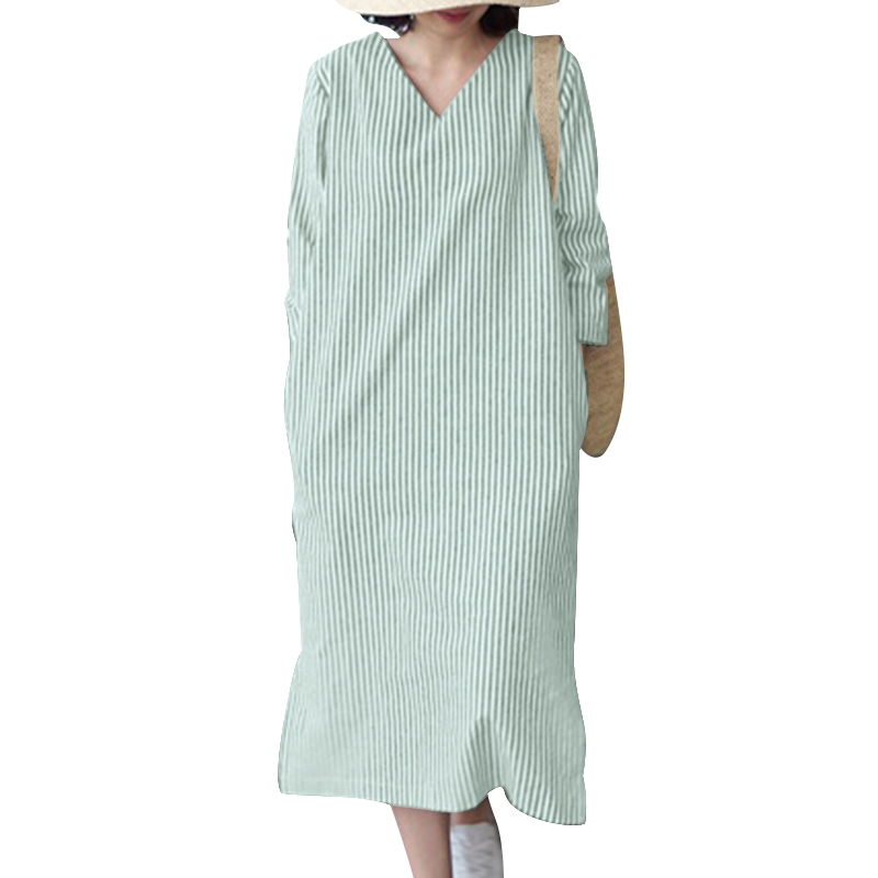 ZANZEA Women Daily 3/4 Sleeve V Neck Stripe Side Slit Pocket Mid Dress ...