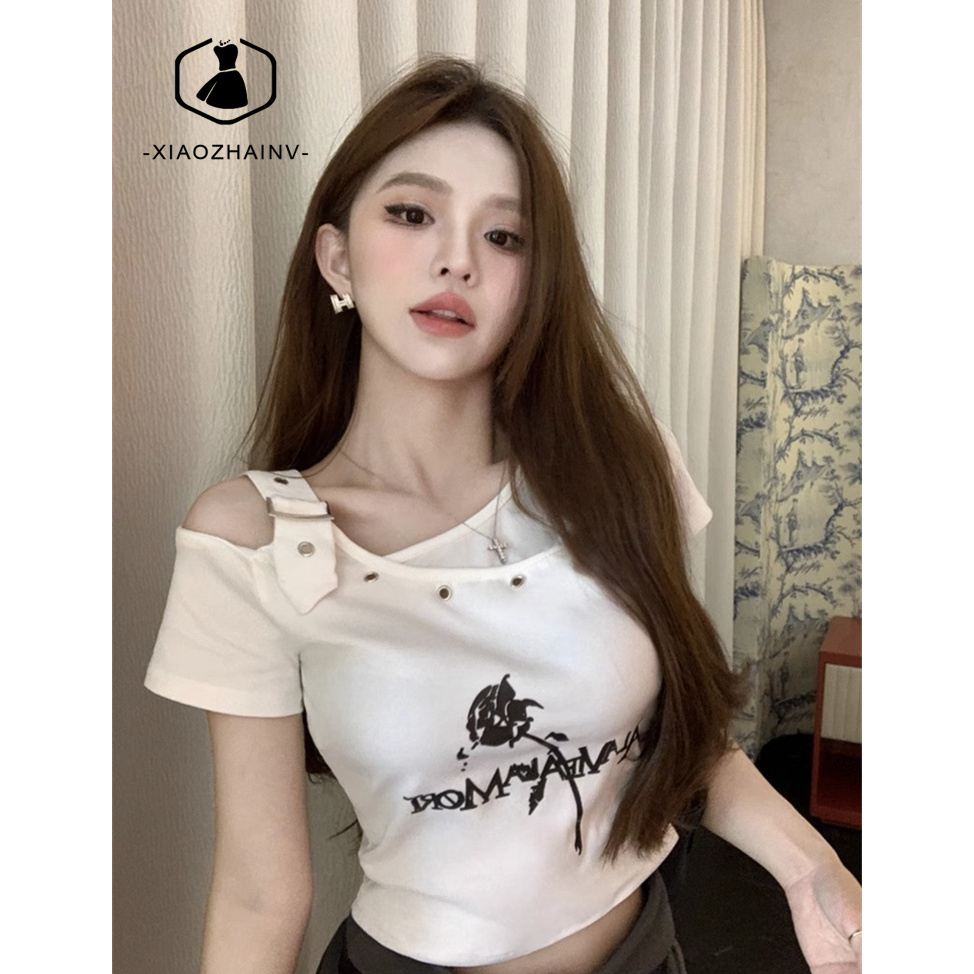 Xiaozhainv Design Sense Spice Girl Rose Print White Short Sleeved T