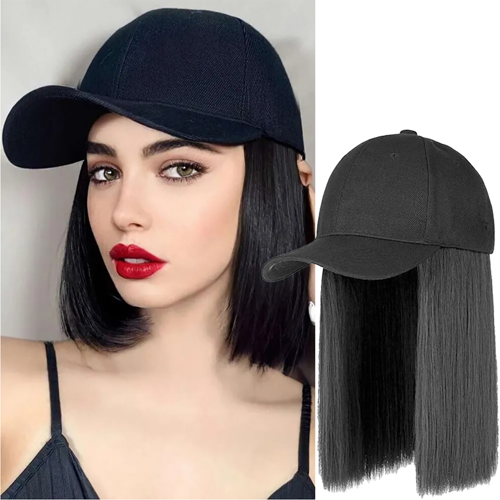 One piece wig cap short straight hair female with hat wig clavicle hair ...